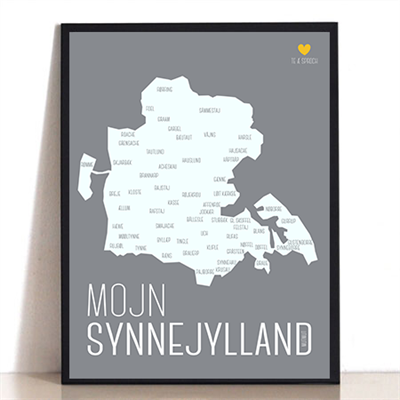 Plakat. Landkort med de bynavnene - på sønderjysk. Flere varianter.